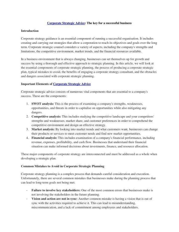 PPT - Corporate Strategic Advice_ The key for a successful business ...