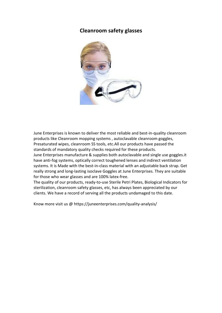 PPT - Cleanroom safety glasses - June Enterprises PowerPoint ...