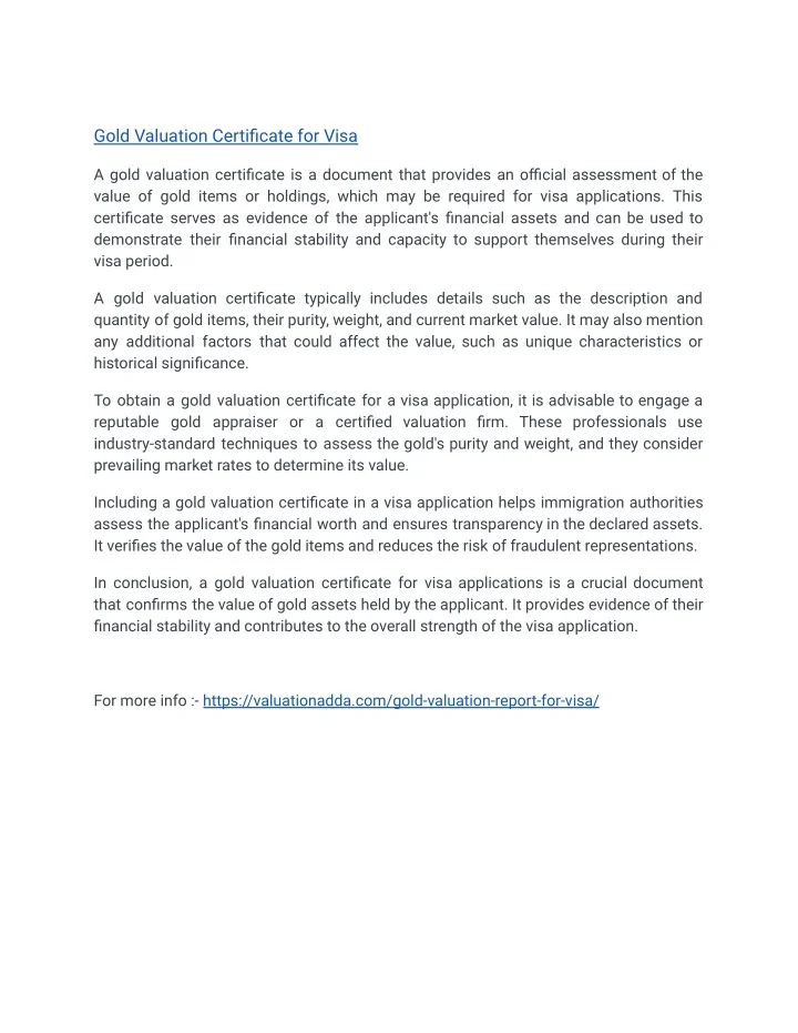 PPT - Gold Valuation Certificate for Visa PowerPoint Presentation, free ...