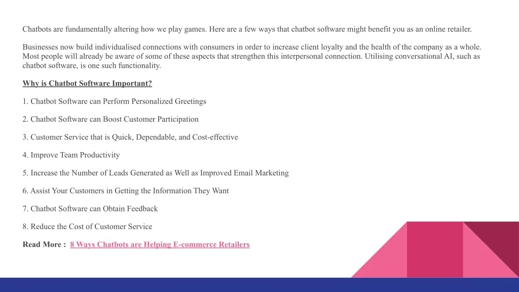 PPT - _8 Ways Chatbots are Helping E-commerce Retailers PowerPoint ...