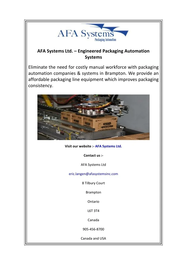 PPT - AFA Systems Ltd. – Engineered Packaging Automation Systems ...