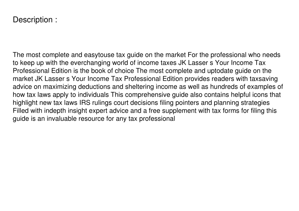 PPT - Download JK Lasser s Your Income Tax Professional Edition 2004 ... PPT - Download JK Lasser s Your Income Tax Professional Edition 2004 ...