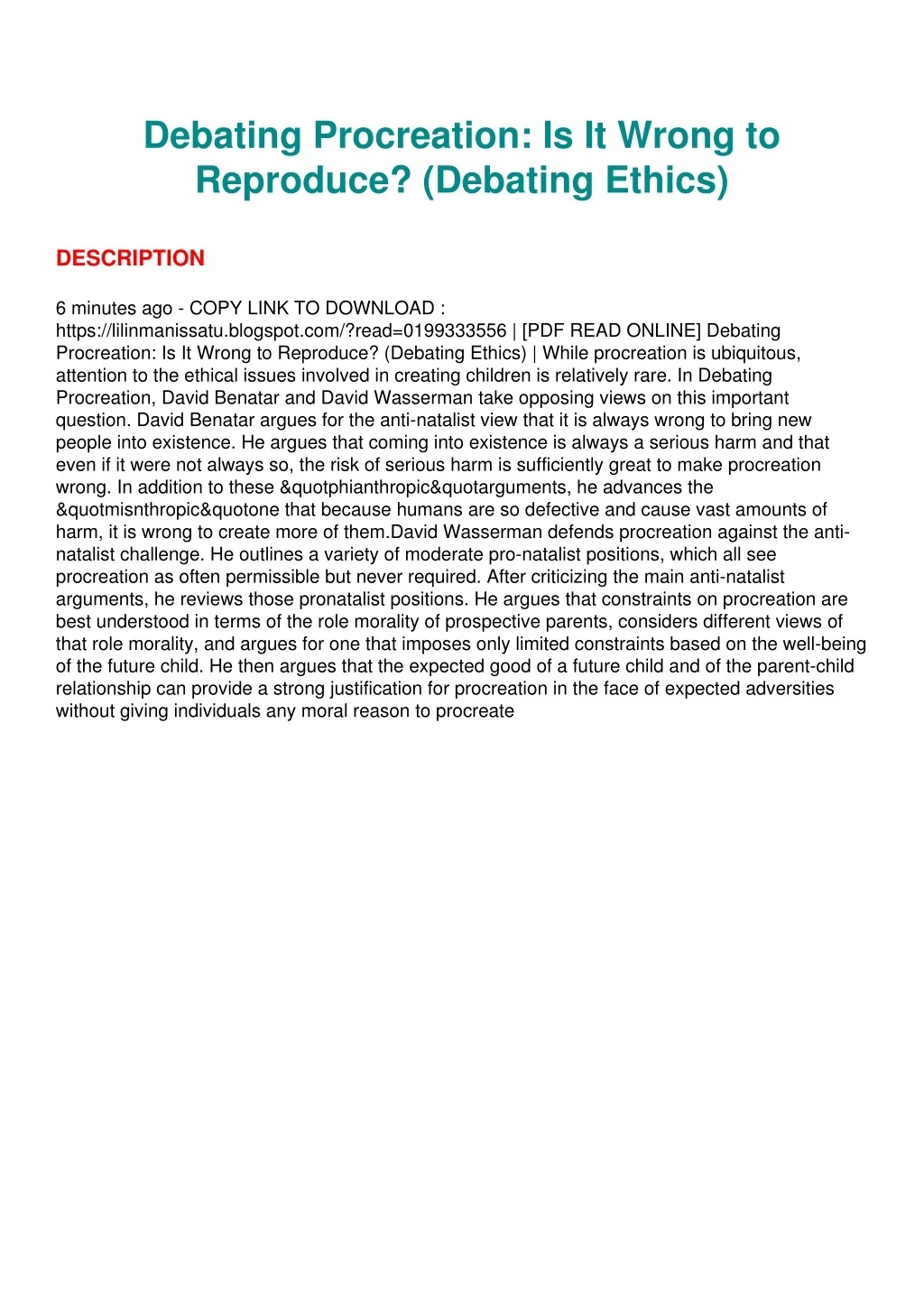 PPT - DOWNLOAD [PDF] Debating Procreation: Is It Wrong to Reproduce ...