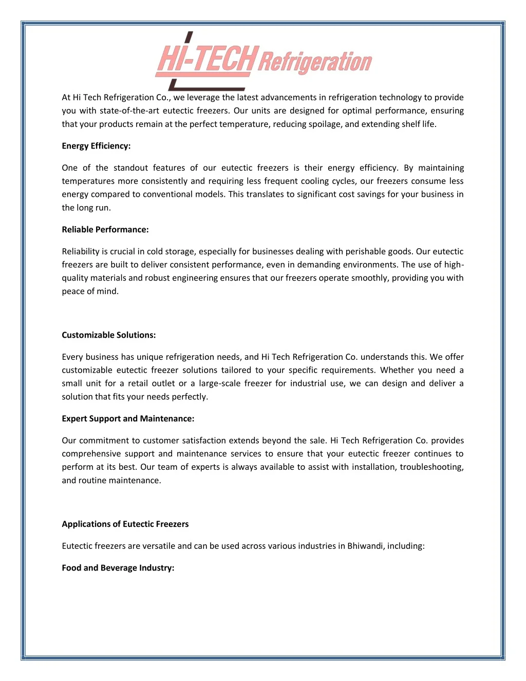 PPT - Best Eutectic Freezer in Bhiwandi: Hi Tech Refrigeration Co ...