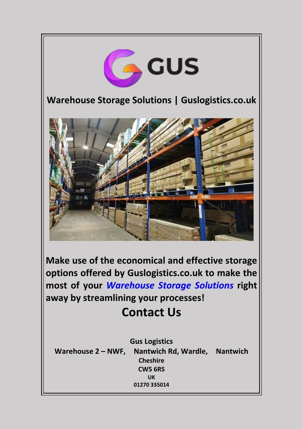 PPT - Warehouse Storage Solutions Guslogistics.co.uk PowerPoint ...