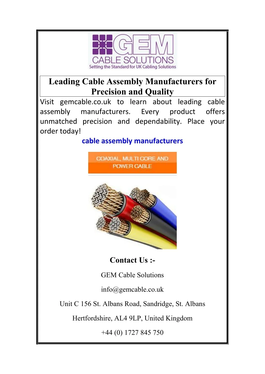 PPT - Leading Cable Assembly Manufacturers for Precision and Quality PowerPoint Presentation ...