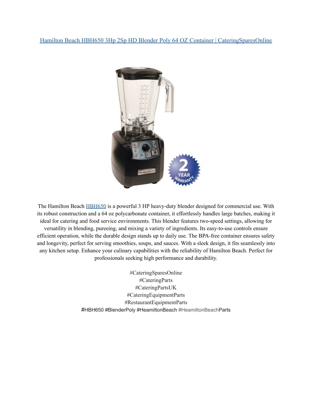 PPT - Hamilton Beach HBH650 3Hp 2Sp HD Blender Poly 64 OZ Container ...