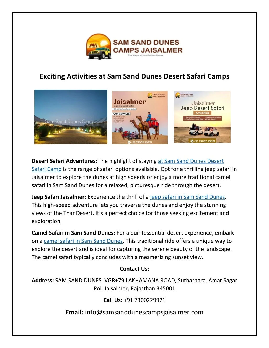PPT - Exciting Activities at Sam Sand Dunes Desert Safari Camps ...